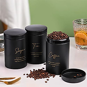 Hacaroa Set of 4 Bread Box and Canister Set for Kitchen Countertop, Metal Bread Bin Sugar Tea Coffee Storage Canister with Lid, Biscuit Tin Set for Loaf, Pastry, Dry Food, Black
