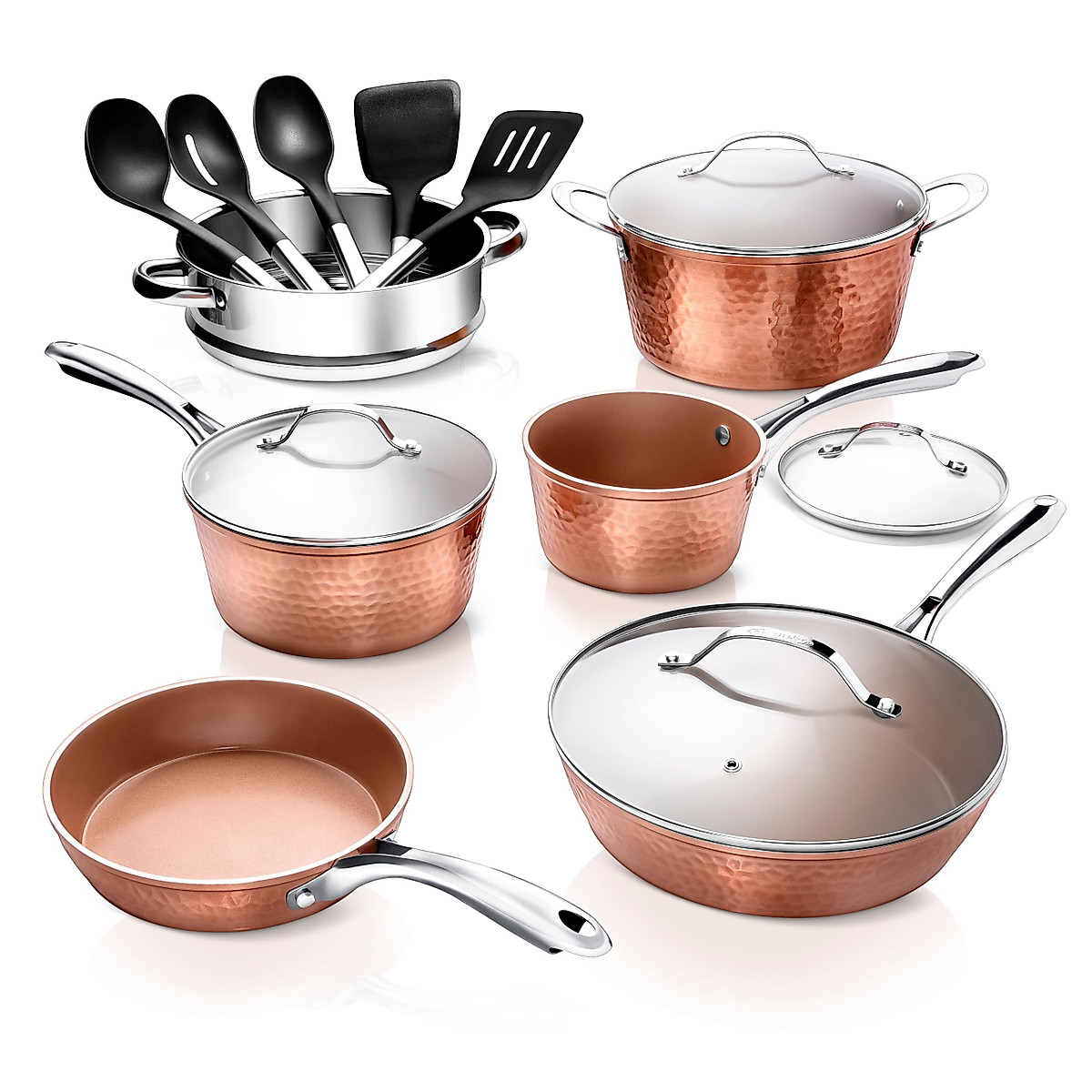 GOTHAM STEEL Hammered 15 Pc Copper Pots and Pans Set Non Stick, Kitchen Cookware Sets, Pot and Pan Set, Ceramic Cookware Set, Non Toxic Cookware Set, Non Stick Pots and Pan Set, Dishwasher Safe