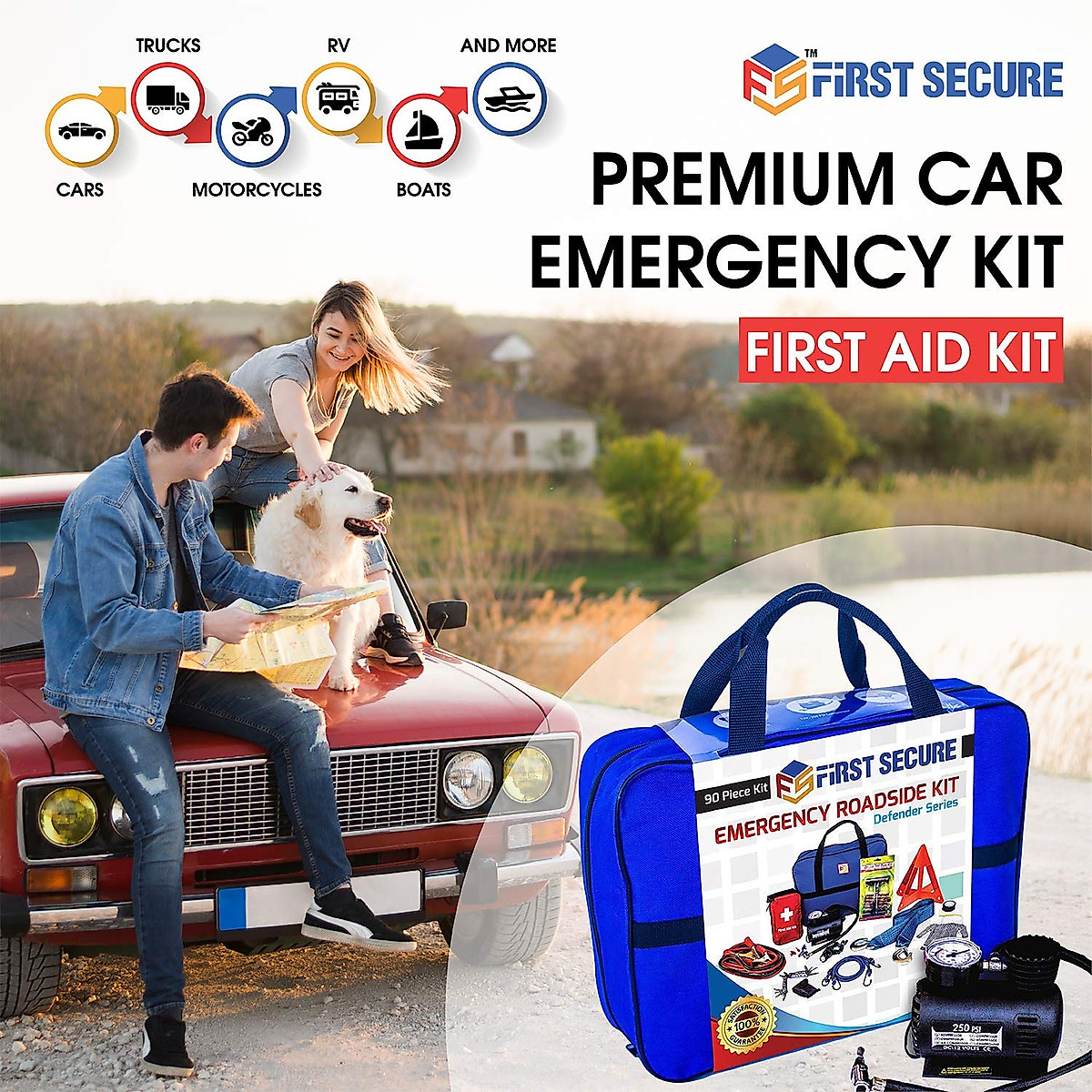 FIRST SECURE 90 Piece Car Emergency Roadside Kit Tool Set w/Safety Kit for Women & Men - Essential Safety & Survival Assistance Kit for Travel, Camping, Road Trip, Truck, SUV