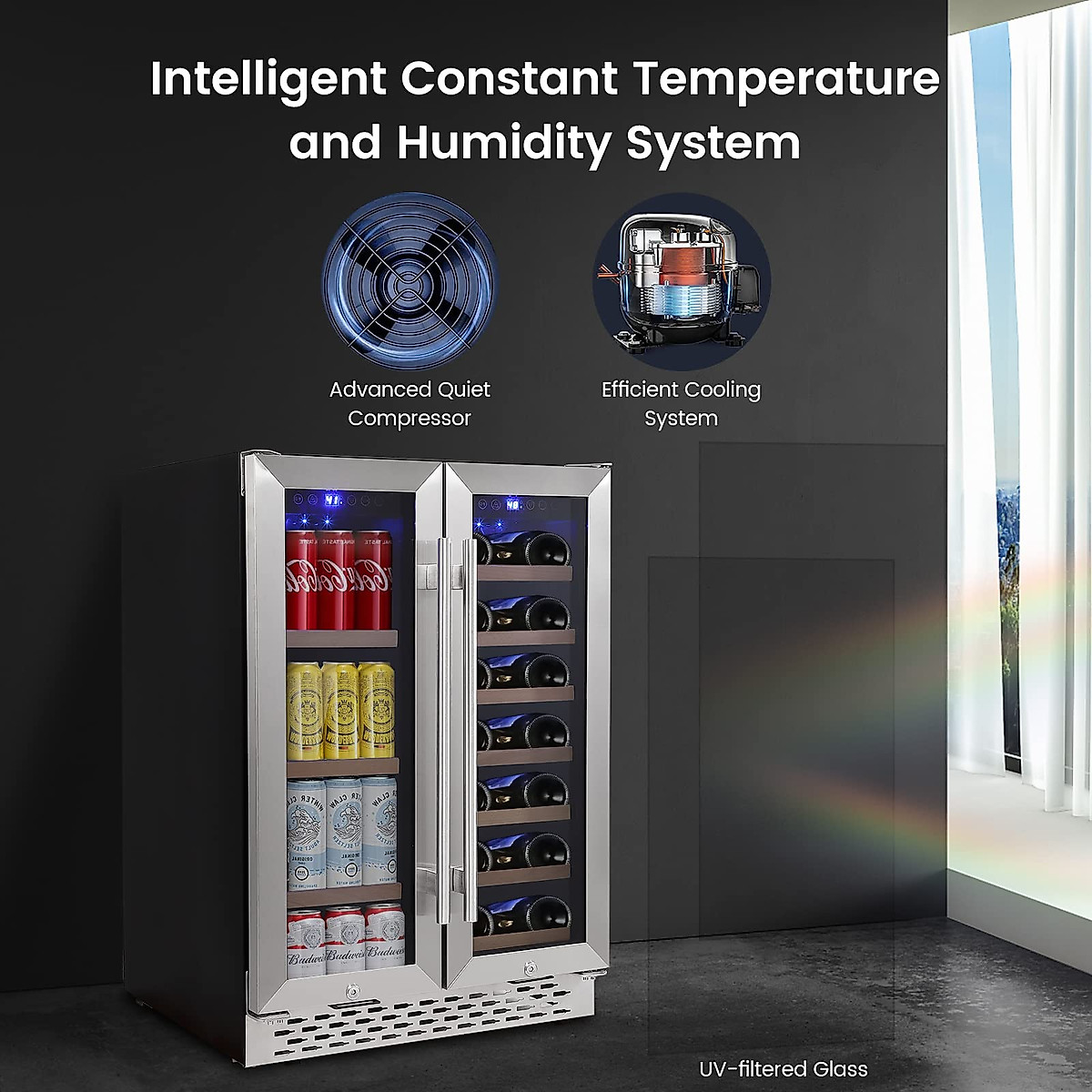 Acekool Wine and Beverage Refrigerator, 55 Cans and 20 Bottles Large Dual Zone Wine Cooler with Quiet Compressor, Blue LED, Dual Zone Temperature 24 Inch Under Counter Wine Fridge for Home Bedroom