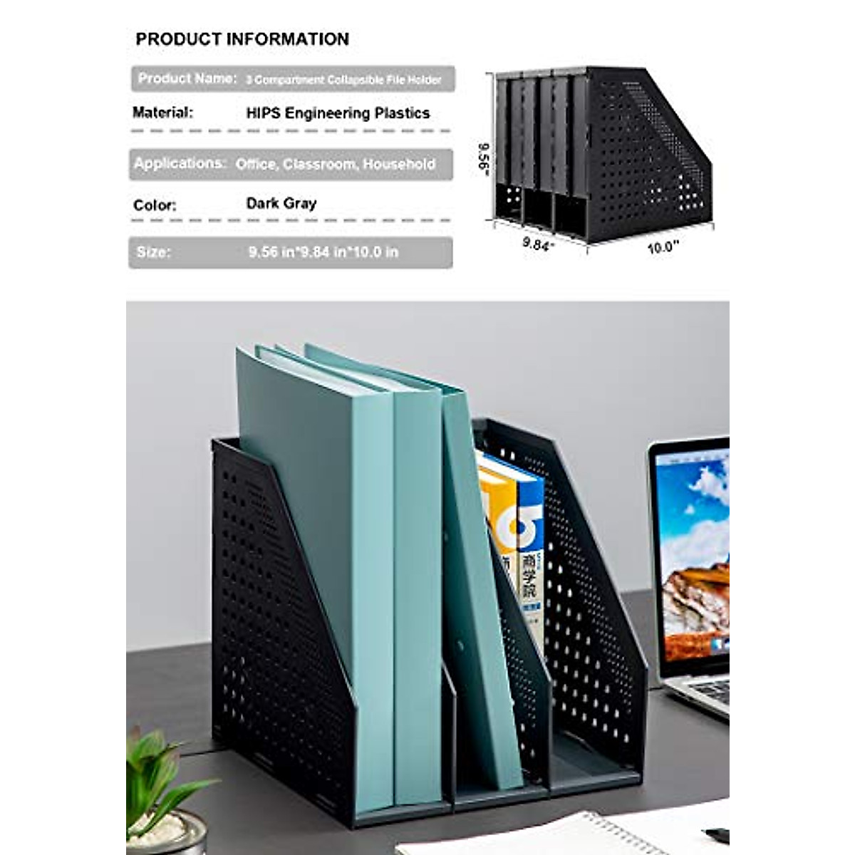 Leven Collapsible Magazine File Holder/Desk Organizer for Office Organization and Storage with 3 Vertical Compartments, Dark Grey,