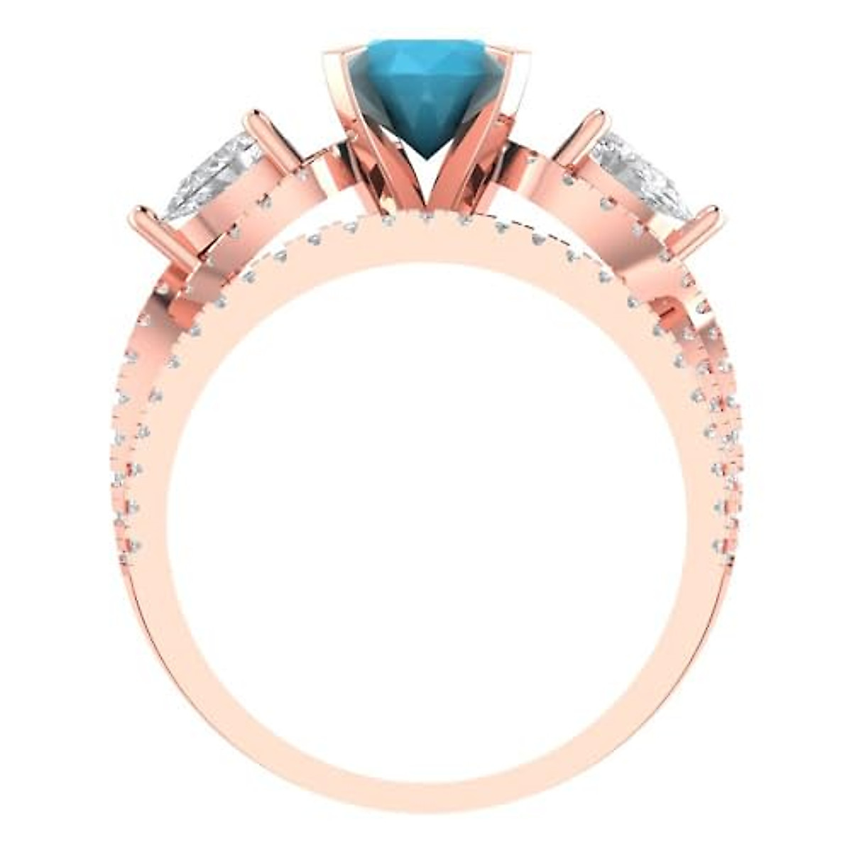 2.1 ct Round Pear Cut Custom Engraving 3 stone With Turquoise Designer Statement Classic Ring Band Set 18K Rose Gold Size 4