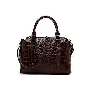 GJGJTER Women Patent Leather Bucket Bag Embossed Shoulder Handbag Crossbody Purse-Dark Brown