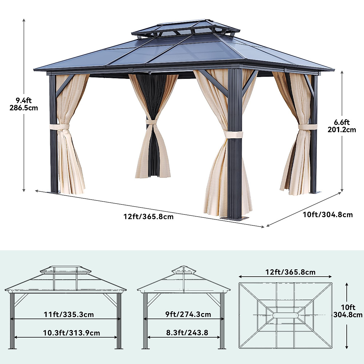 DWVO 10x12ft Hardtop Gazebo Double Roof Polycarbonate Canopy Outdoor with Netting and Shaded Curtains, Aluminum Frame Garden Tent for Patio, Backyard, Deck and Lawns