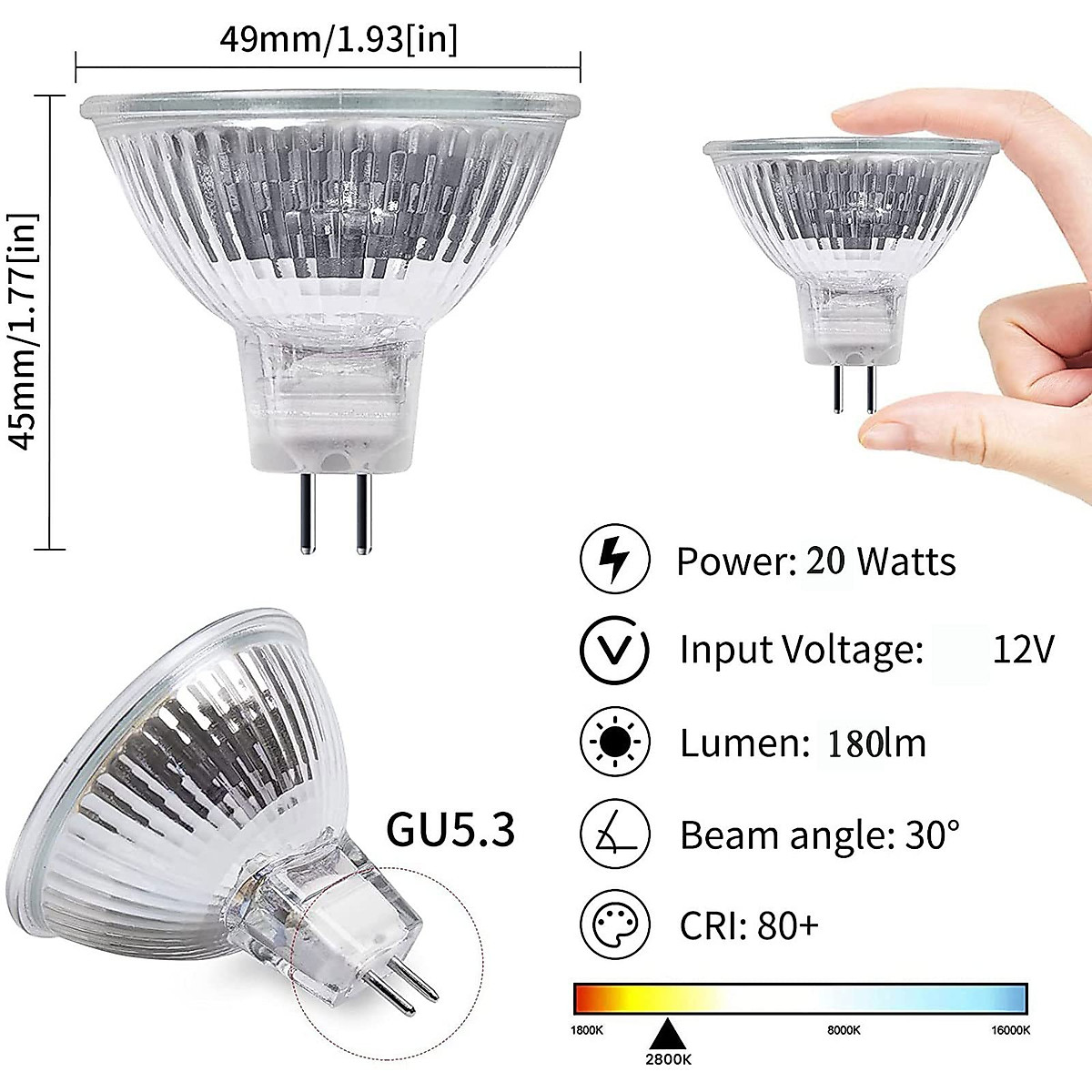 MR16 GU5.3 Halogen Light Bulbs (10 Pack) 20W 12V 3000k Warm White Spotlight Precision Halogen Reflector Fiber Optic Light Bulb 12V 20W for Landscape Light,School,Family,Tunnel Light