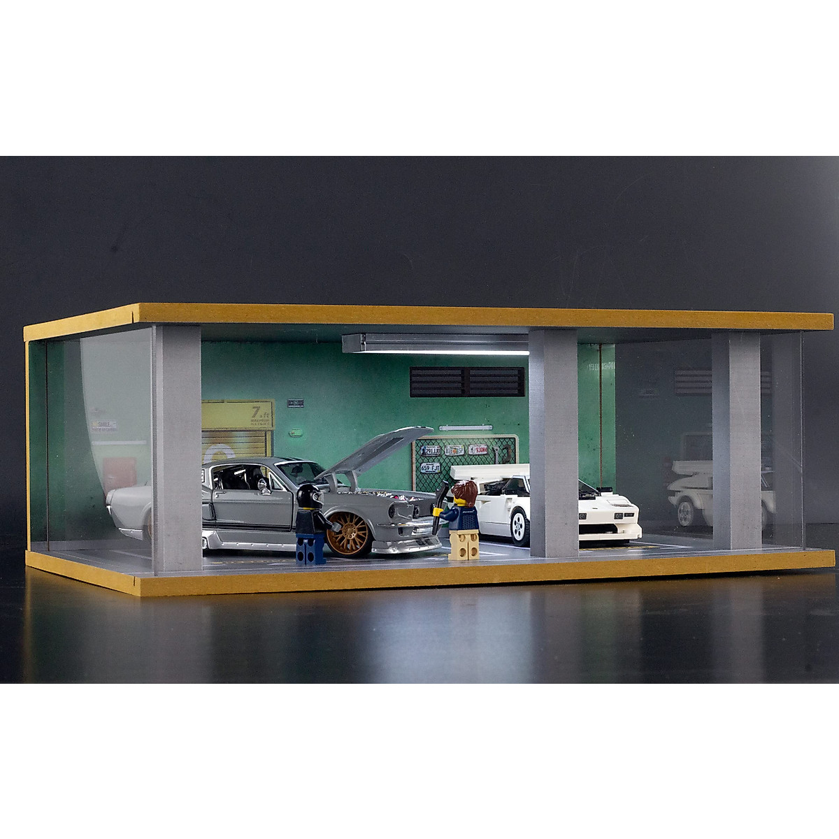 Display Case for Cars with Acylic Cover and LED Lighting for 1/24 Scale Diecast Car, Lego Cars Speed Champions 76908 76907 76901 76910 76909 76895, Model Cars, 3 Parking Space (Route 66)