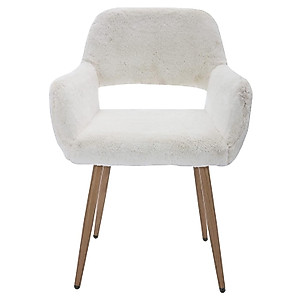 Modern Faux Fur Home Office Chair, Fluffy Chair Makeup Vanity Chair for Girl Teen Girls, Desk Chair with Armrest, Dining Chair Cute Armchair with Wood Finish Metal Legs, White