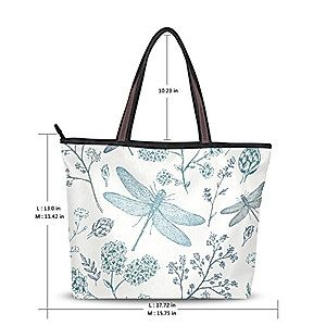 Shoulder Bag Large Beach Travel Tote Bag Blue Dragonfly Printed Handbags with Handle Top Zipper Closure