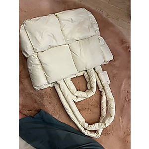 Fluffy Cotton Tote Shoulder Bag for Women,Trendy Design Big Capacity Handbag Soft Waterproof Nylon Lightweight Purses (Beige)