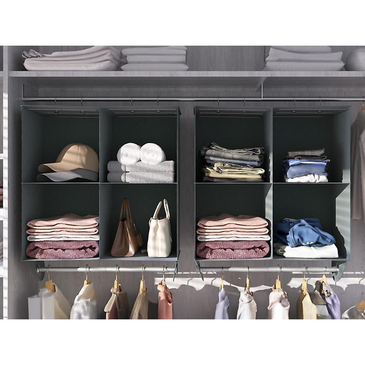 YOUDENOVA 4-Section Hanging Closet Organizer and Storage, Heavy Duty Hanging Shelves with Rod, Closet Storage for College Dorms, RV, Dark Grey
