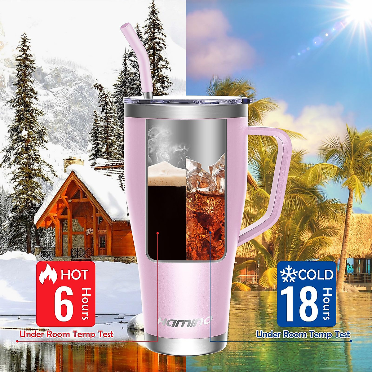 Hamino 30 oz Tumbler with Lid and Straw Handle, Double-Wall Vacuum Travel Coffee Mug with Handle, Stainless Steel Insulated Coffee Tumbler Mug Cup for Home Office Travel HOT COLD Drinks (Dream Pink)