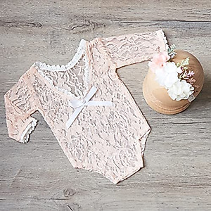 Zeroest Newborn Photography Outfits Girl Lace Romper Newborn Photography Props Rompers Baby Girls Skirt Photoshoot 3PCS (Peach-Long Sleeve)