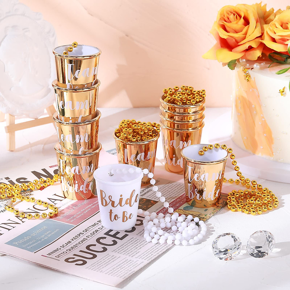 Maitys 12 Pieces Bride Plastic Beaded Bridal Shot Glass Necklace Gold Foil for Bachelorette Party Bridal Party Necklaces (White, Gold)