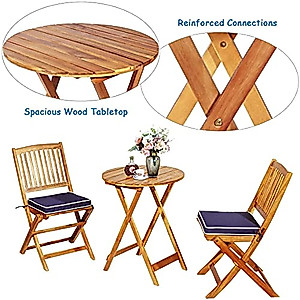 HAPPYGRILL 3-Piece Patio Bistro Set Table & Chair with Cushions Foldable Wooden Furniture Chairs and Coffee Table for Outdoor Balcony Garden Backyard