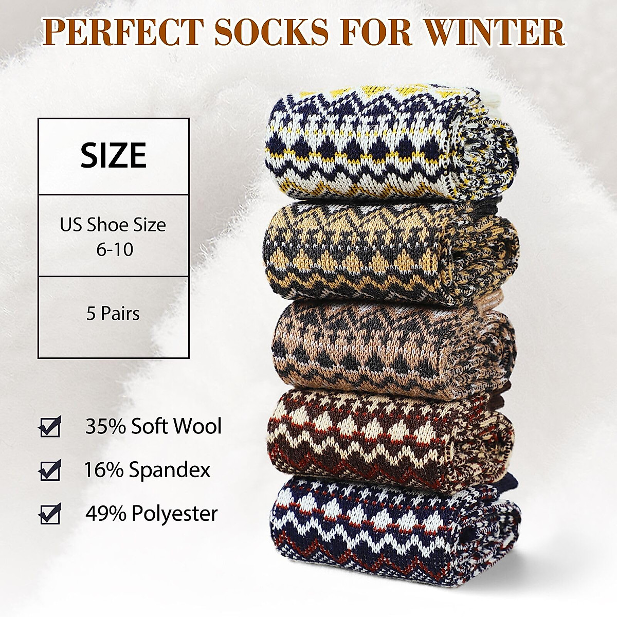 Trifabricy 5 Pairs Comfortable and Warm Wool Socks - Thick Knit Cabin Socks for Women and Men, Cozy Winter Gifts