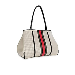 Haute Shore - Greyson Roma Neoprene Tote Bag w/Zipper Wristlet Inside, Beige W/Olive, Black, & Red Stripe