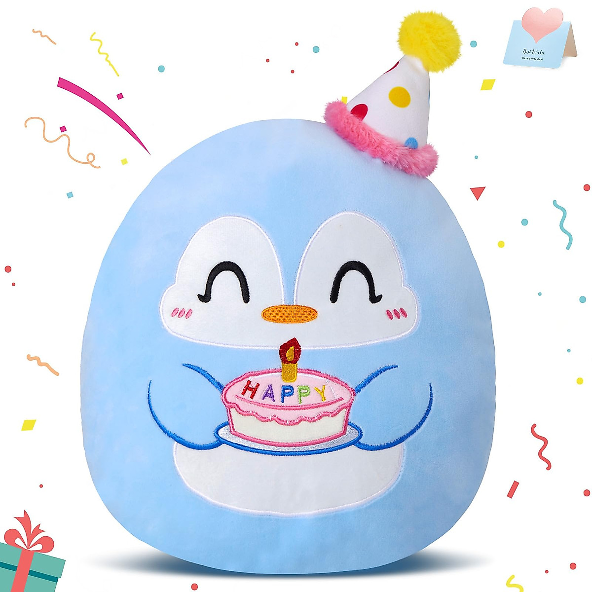 Houwsbaby 12'' Blue Happy Birthday Penguin Plush Pillow,Penguin Stuffed Animal Toy Holding a Cake,Cute Birthday Gift Decoration for Kids' Birthday Parties Boys Girls