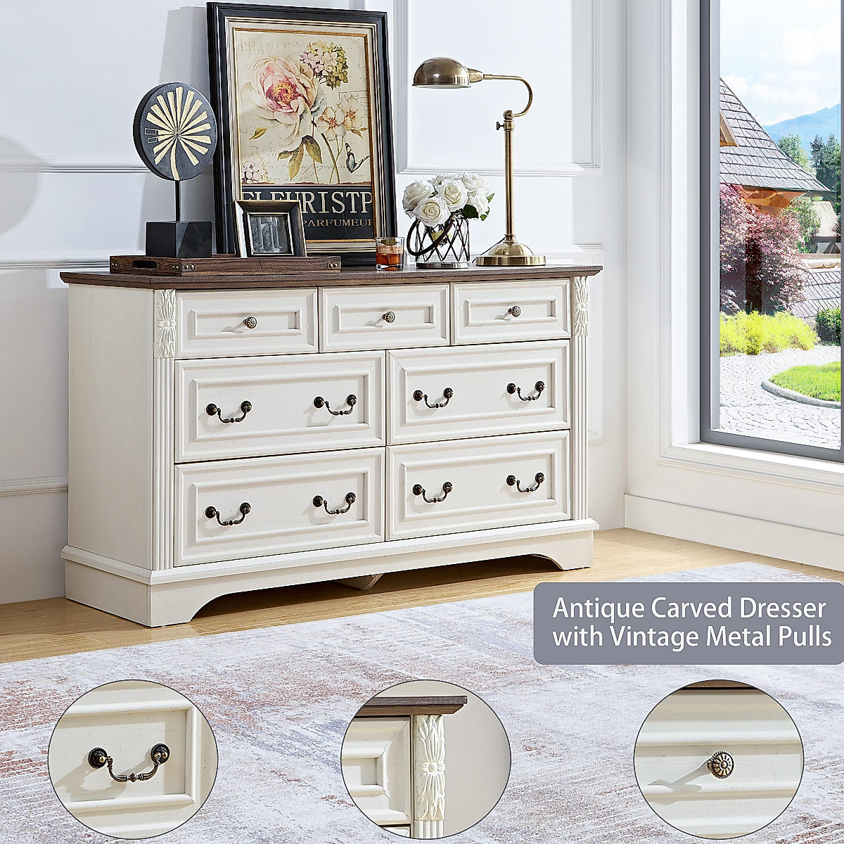 BOSHIRO Farmhouse 7 Drawers Dresser, Dressers for Bedroom, 54" Wide Wood Rustic Chest of Drawers with Carved Pilasters, Storage Organizer, Living Room, Hallway, Antique White