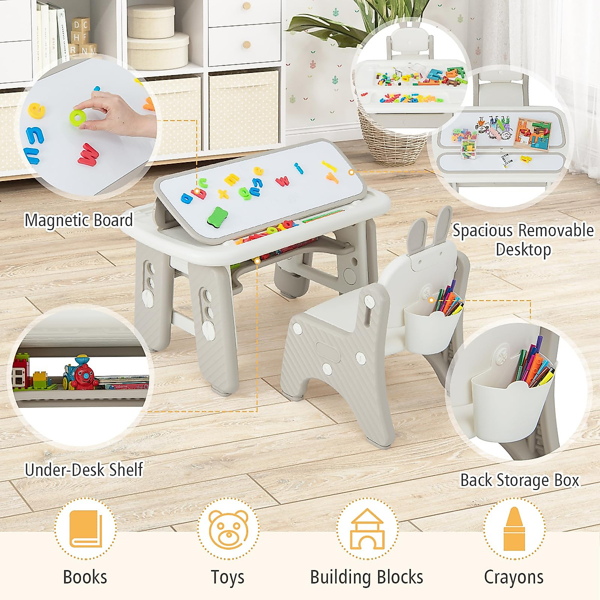 Costzon Kids Table and Chair Set, Graffiti Activity Table w/Flip-Top Tabletop Bookshelf, Erasable Magnetic Drawing Board, Storage, Adjustable Height for Drawing, Toddlers Art Table & Chair (Gray)