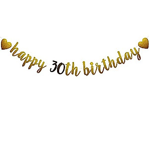 Happy 30th Birthday Banner, Pre-Strung,Gold and Black Glitter Paper Garlands Banner for 30th Birthday Party Decorations Supplies, Letters Gold and Black,Betteryanzi