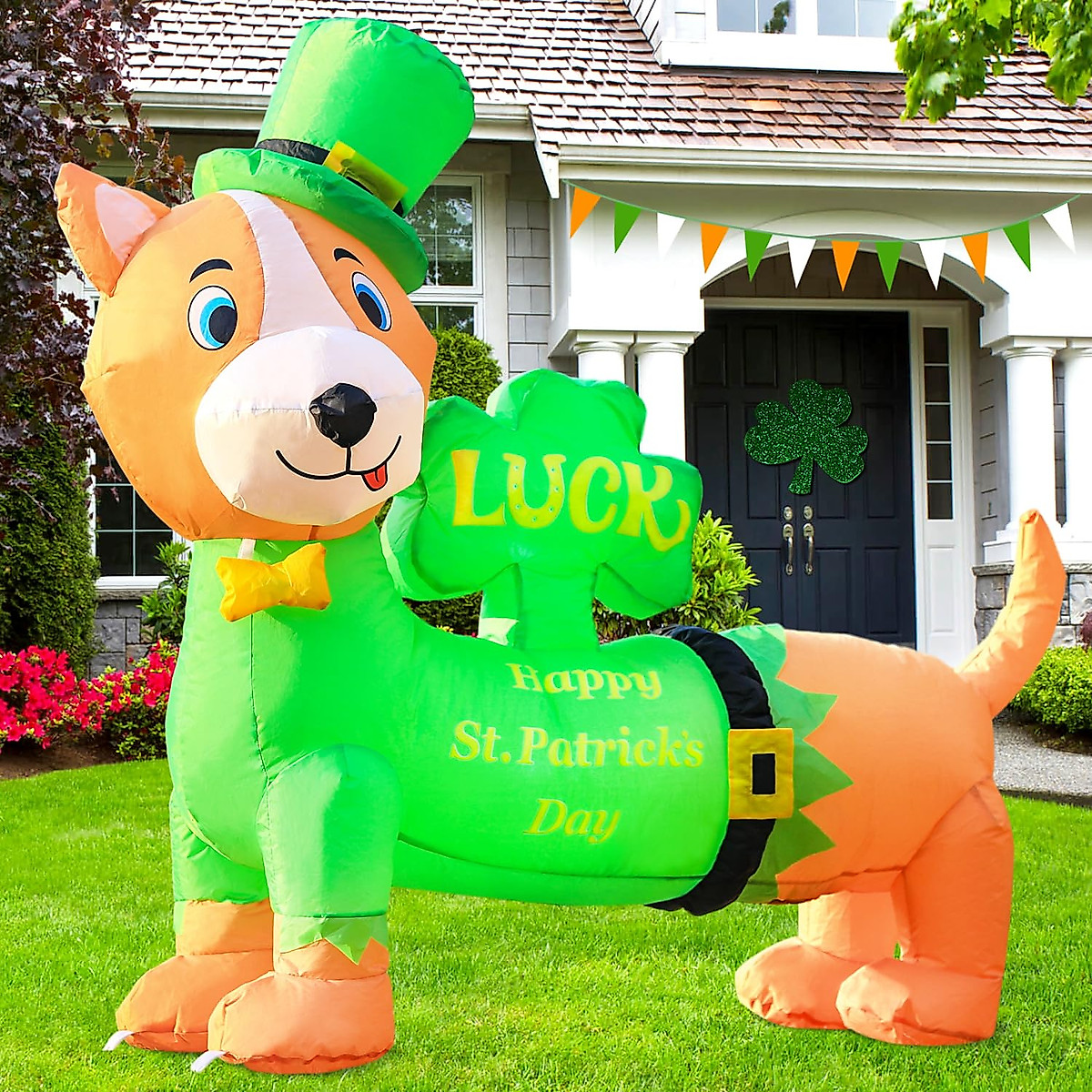 DomKom St. Patricks Day Inflatable Decorations, 4ft Cute Dog Dachshund Blow Up Lucky Day Décor Built-in LED Lights Carrying Good Luck Shamrock, for Outdoor Holiday Party, Lawn, Yard, Garden, Patio