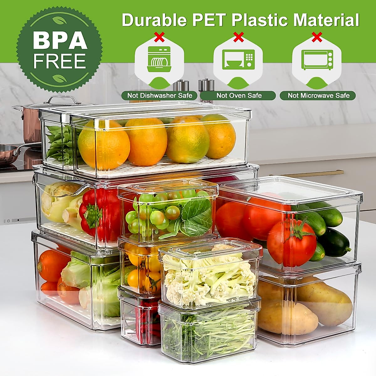 RIKOJUXI Set Of 14 Fridge Organizer, BPA Free Stackable Refrigerator Organizer Bins with Lids, Fridge Organizers and Storage Clear Refrigerator Storage Containers for Fruits, Vegetable, Food, Drinks