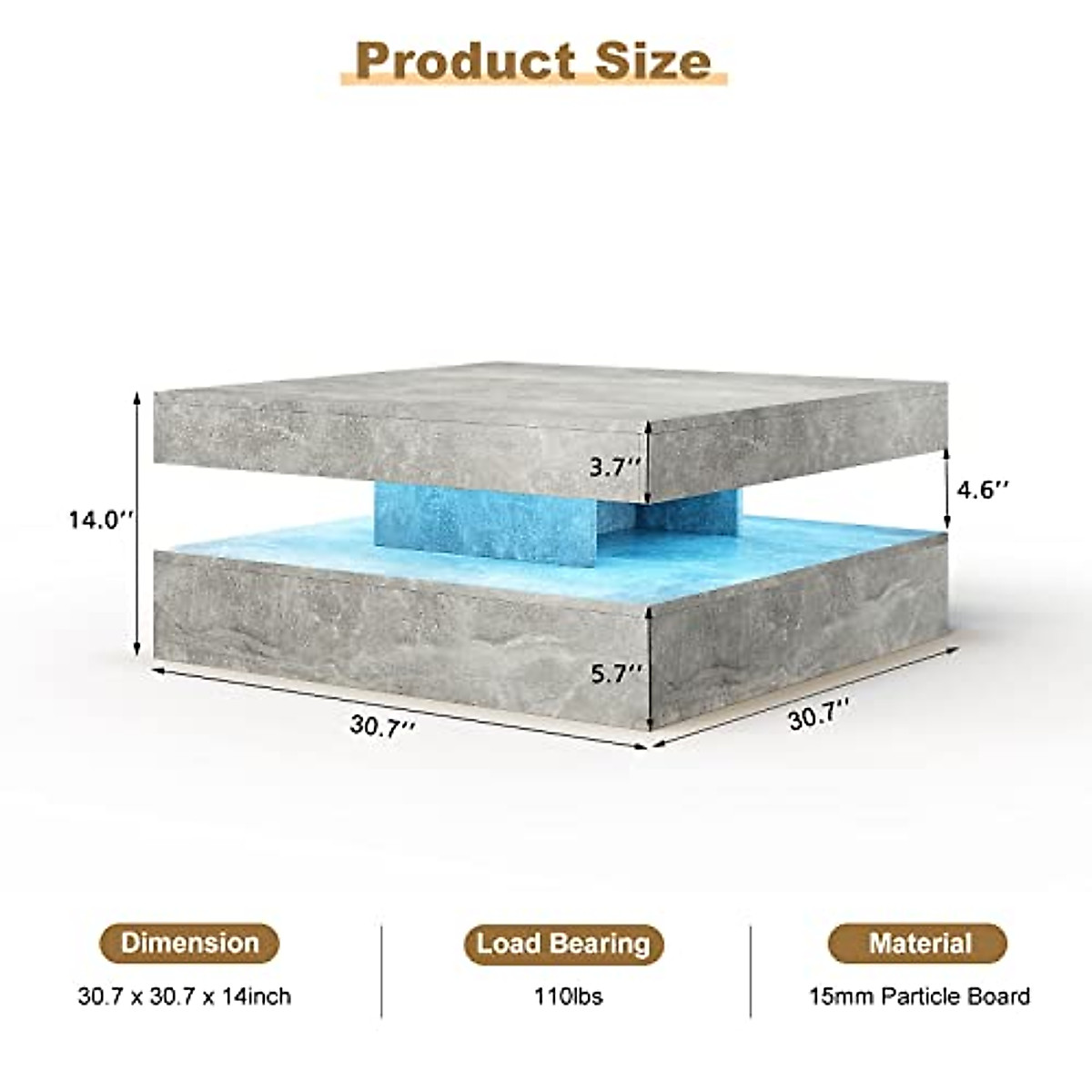 HedoAjim LED Coffee Table for Living Room, Living Room Table 2-Tier Square Middle Center Table, Modern Coffee Tables with Storage, Contemporary Wood Tea Tables for Dining Reception, Grey