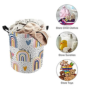 Laundry Hamper Hand Drawn Rainbow Hearts Fabric Storage Basket Round Collapsible Colorful Neon Dot Laundry Baskets with Drawstring Closure for Bedroom Living Room Bathroom