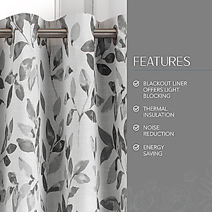 Elrene Home Fashions Avalon Modern Cottage Nature-Inspired Botanical Floral Leaf Print Blackout Linen Blend Window Curtain, 52 in x 84 in (1 Panel), Grey