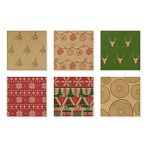 RUSPEPA Christmas Wrapping paper - Brown Kraft Paper with Red and Green Pattern For -Christmas Elements Collection-6 Roll-30Inch X 10Feet Per Roll