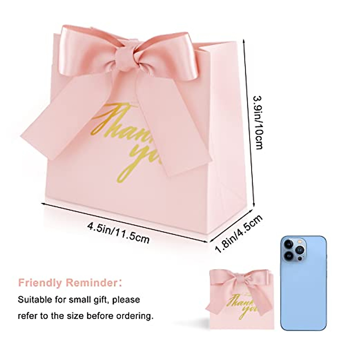 SHAIDOJIO 24Pcs Small Thank You Gift Bags, Party Favor Bag Treat Box with Bow Ribbon, Pink Pattern Mini Paper Gift Bags Bulk for Wedding, Birthday, Bridal Shower, Baby Shower (4.5x1.8x4 Inch)