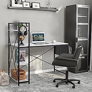 Karl home Computer Desk with Power Outlet & Storage Shelves 47" Home Office Workstation Study Writing Table with Charging Station & Hooks for Home, Studio, Office, Apartment, White