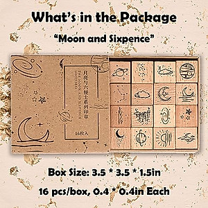 16Pcs Vintage Wooden Seal Set, Retro Rubber Stamps, Flower Moon Star Butterfly Mountain Rubber Stamps for Scrapbooking Ephemera Planner DIY Craft Card Making (Moon&Sixpence)