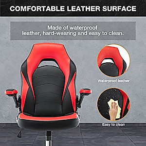 Ergonomic Gaming Office Chair - PU Leather Executive Swivel Computer Desk Chair with Flip-up Armrests and Lumbar Support for Working, Studying, Gaming, Grey