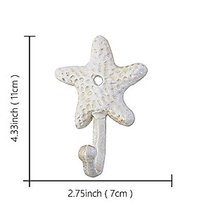 ZILucky Set of 3 Starfish Seashell Crab Cast Iron Decorative Wall Hooks Coats Aprons Hats Towels Hooks Beach Ocean Theme Chic Metal Hooks (White)