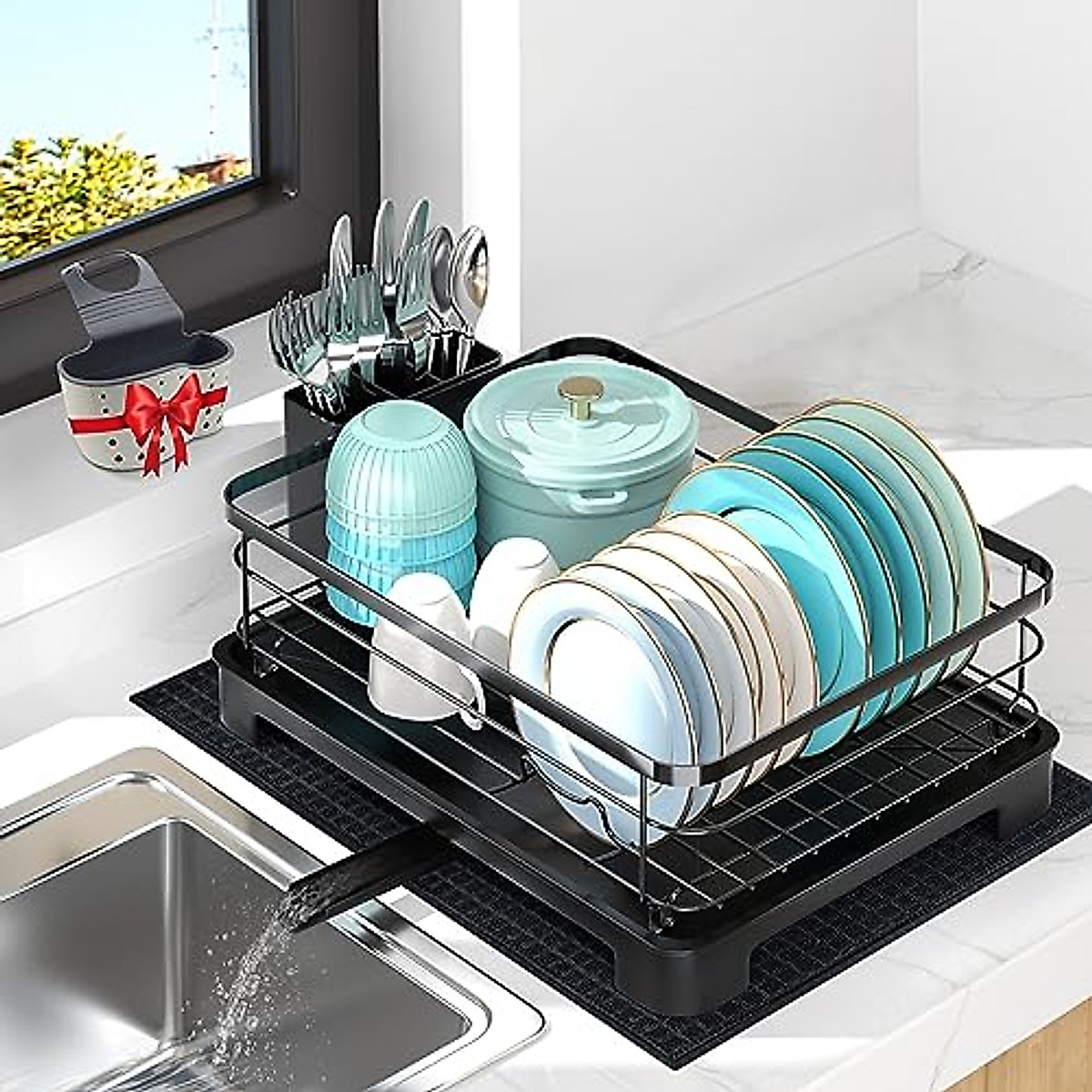 Dish Drying Rack - Dish Rack for Kitchen Counter with With Dish Drying Mat a Cutlery Holder,Dish Drying Rack,Durable Kitchen Dish Rack for Tableware,Dish Drying Rack with Easy Installation,Black