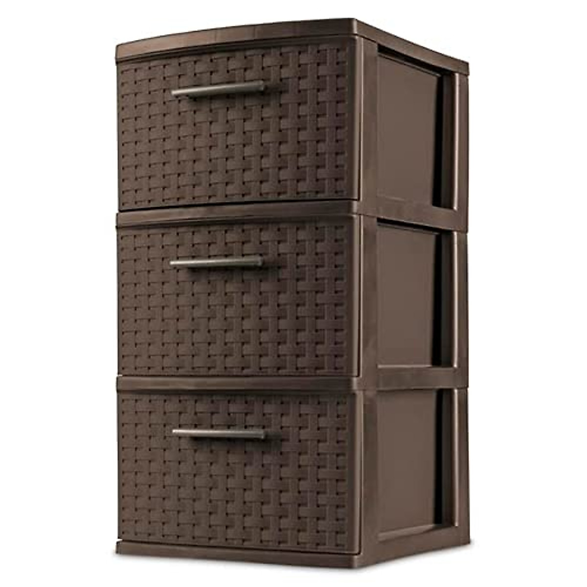 Sterilite 3 Drawer Wicker Weave Decorative Storage Organization Container Cabinet Tower with Driftwood Handles, Espresso (4 Pack)