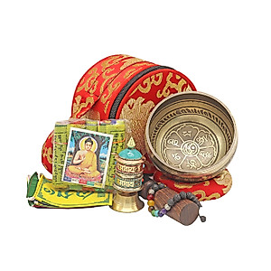 Khusi Tibetan singing bowls, spiritual gift set. Including 7 chakra bracelet, prayer beads rudhrachya mala, buddhist prayer flag & Prayer wheel.