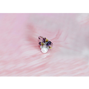 Anthia Jewelry Womens Sterling Silver High Shine Sparky Cubic Zirconia Multi Gemstone White Imitation Pearl Comfy Fit Floral Flower Fashion Jewelry Accessory Cute Band Ring, Purple & Pink, Size 7