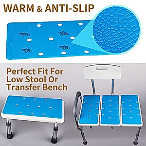 3 PCS Tub Transfer Bench Cushion with Adhesive Soft Waterproof Slip-Resistant Shower Chair Bath Shower Bench Mat, Shower Seat Pad with Holes, 15x7.6 in, Blue