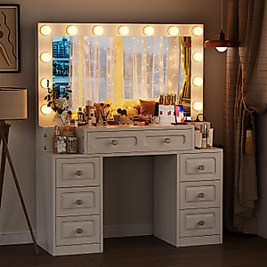 FURNJOYLIFE Farmhouse Makeup Vanity Desk with Lighted Mirror & Power Outlet, Vanity Dresser Table with 3 Lighting Modes Brightness Adjustable,7 Drawer,2 Shelves,Hair Dryer Stand for Bedroom,White