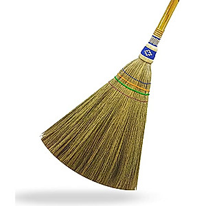 Hand Brush Broom L 22 Inch Natural Grass Broom with Mini Bamboo Handled Red/Blue Indoor Outdoor Smooth Hard Floor Sweeping Cleaning Handmade Home, Kitchen, Bedroom, Lobby Room,Whisk Broom (Classic)