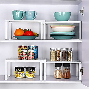 MOOACE Cabinet Shelf Organizers Set of 4, Kitchen Cabinet and Counter Shelves, Kitchen Storage Shelves Expandable Stackable, White