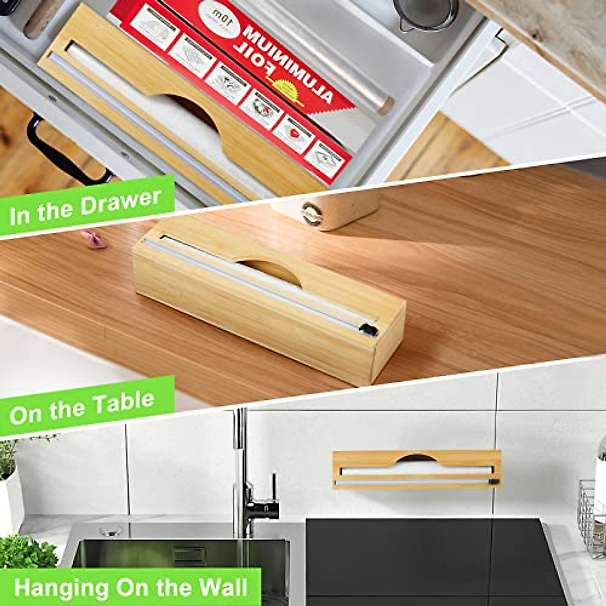 Ziplock Bag Organizer, Wrap Dispenser with Cutter, Plastic Wrap, Aluminum Foil and Wax Paper Dispenser for Kitchen Drawer, Bamboo Roll Organizer Holder