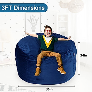 HABUTWAY Bean Bag Chair 3Ft Luxurious Velvet Ultra Soft Fur with High-Rebound Memory Foam for Adults Plush Lazy Sofa with Fluffy Removable Sponge 3'(Dark Blue)