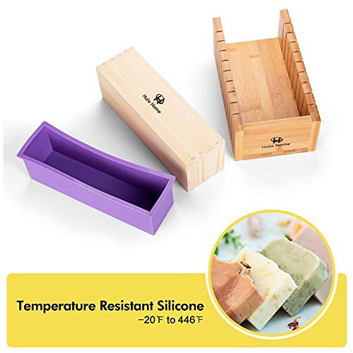 Soap Molds Making Kit with Wooden Cutter Measuring Box (44oz Purple Silicone) | for Adults, Melt and Pour or Cold Process, 100pc Bags, Stainless Steel Wavy & Straight Slicer