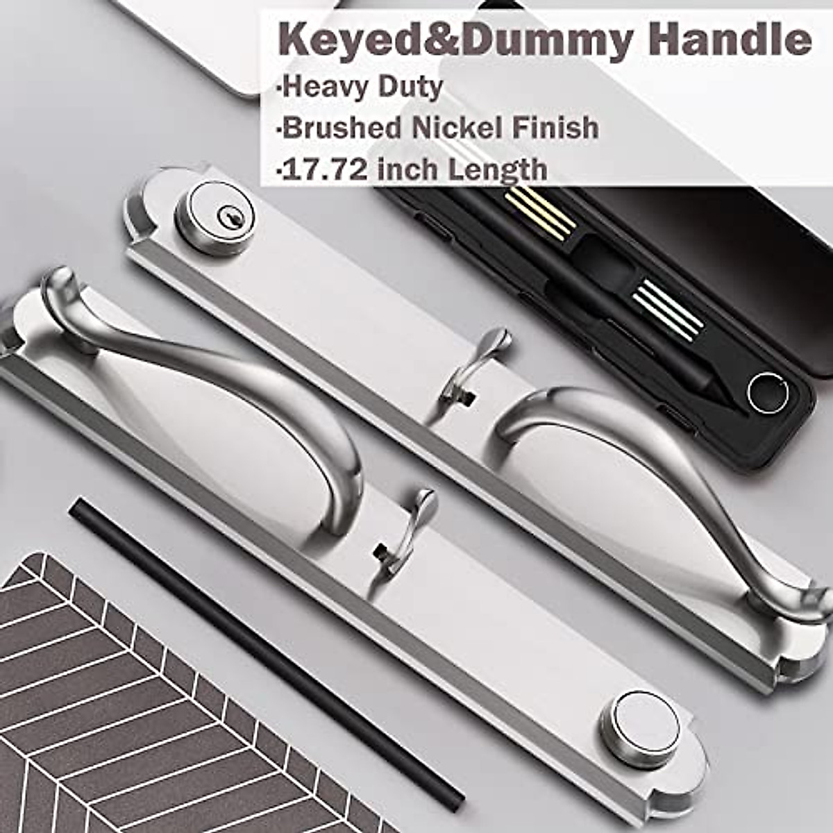 HISAFE Front Door Handle Double Door Lock Set with Camelot Trim in Satin Nickel, Entrance Handle Set with Deadbolt and Lever, X-2018SET