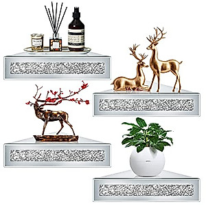 4 Set Corner Shelf Wall Mount Mirrored Floating Corner Storage Shelf Crystal Floating Corner Shelf Organizer Diamond Glass Wall Shelf for Bathroom Living Room Kitchen TV Accessories, Artwork Display