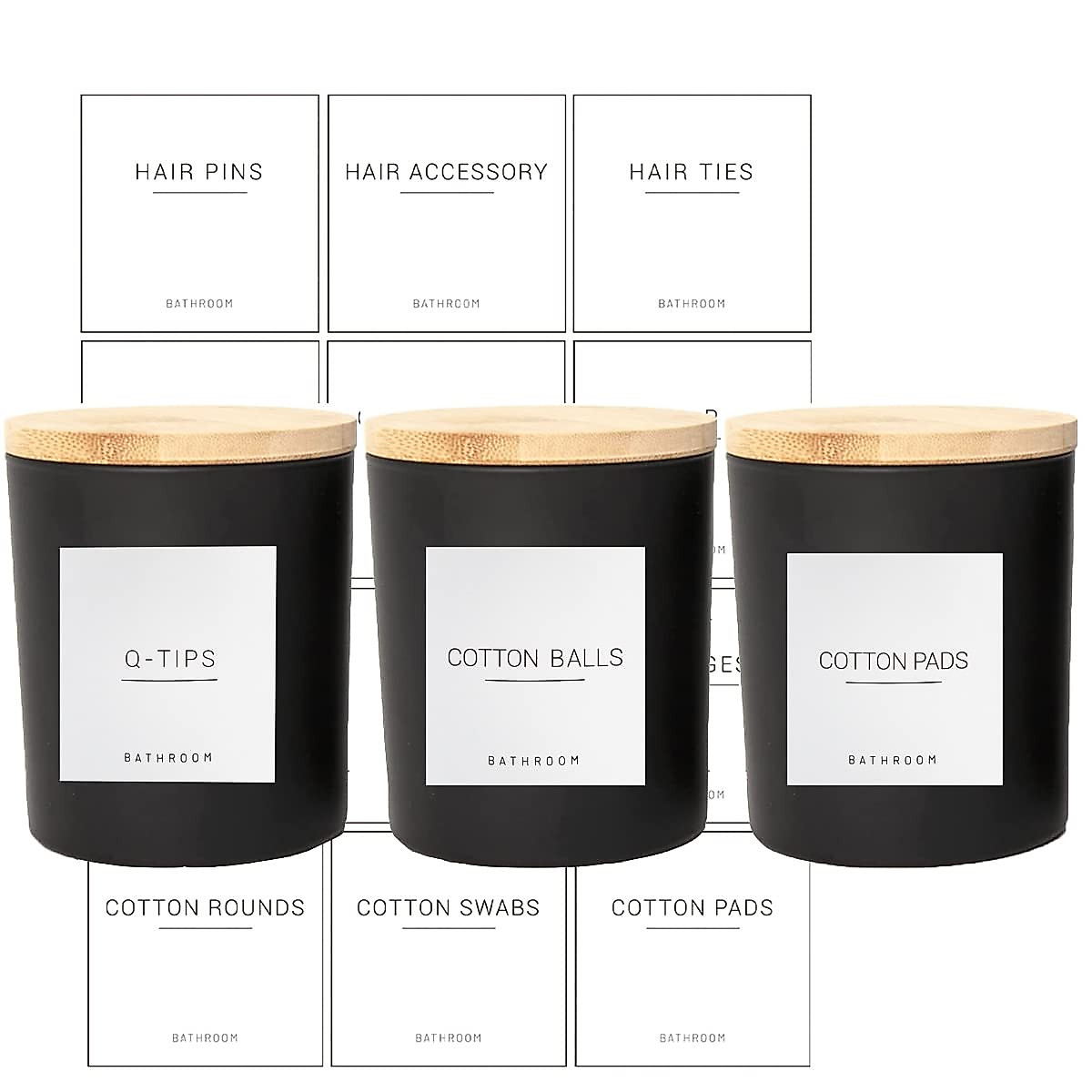 Ezebesta 3PCS Modern 13.53oz Black Bathroom Canisters with 12 Labels & Wooden Lid Thick Glass Jar Set Qtip Holder for Cotton Ball & Pads Storage Organization Minimalist Decor
