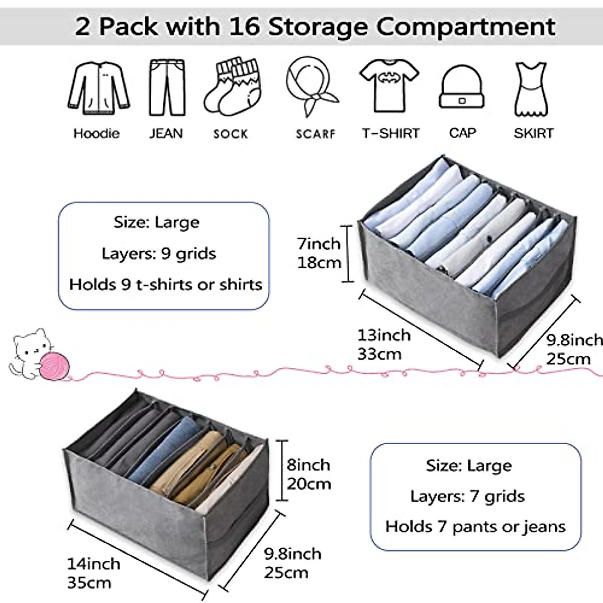 2 Pack Upgraded Jeans T-Shirts Organizer, Wardrobe Clothes Dividers Organizer, Foldable Closet Drawer Storage Box for Jeans Legging T-Shirts Sweat Pant Baby Clothes - Large, Grey